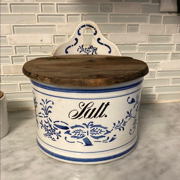 salt cellar | Accents | Antique Blue And White Salt Box With Wooden Lid ...